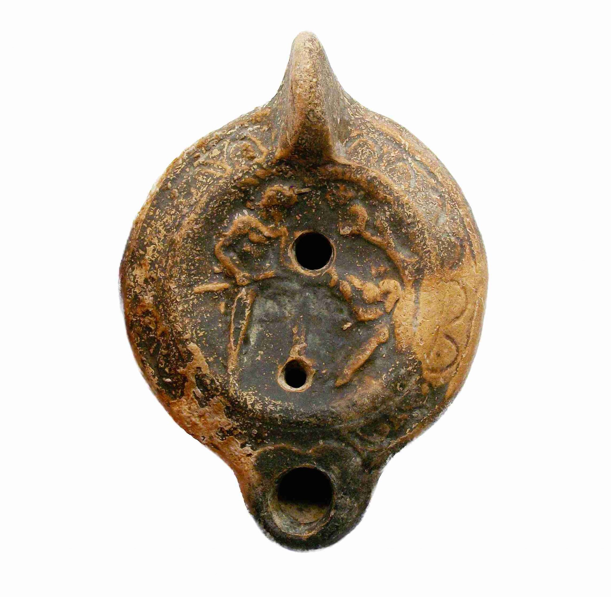 Roman Oil Lamp with Gladiator Scene - Antiquities by Objects Eclectic