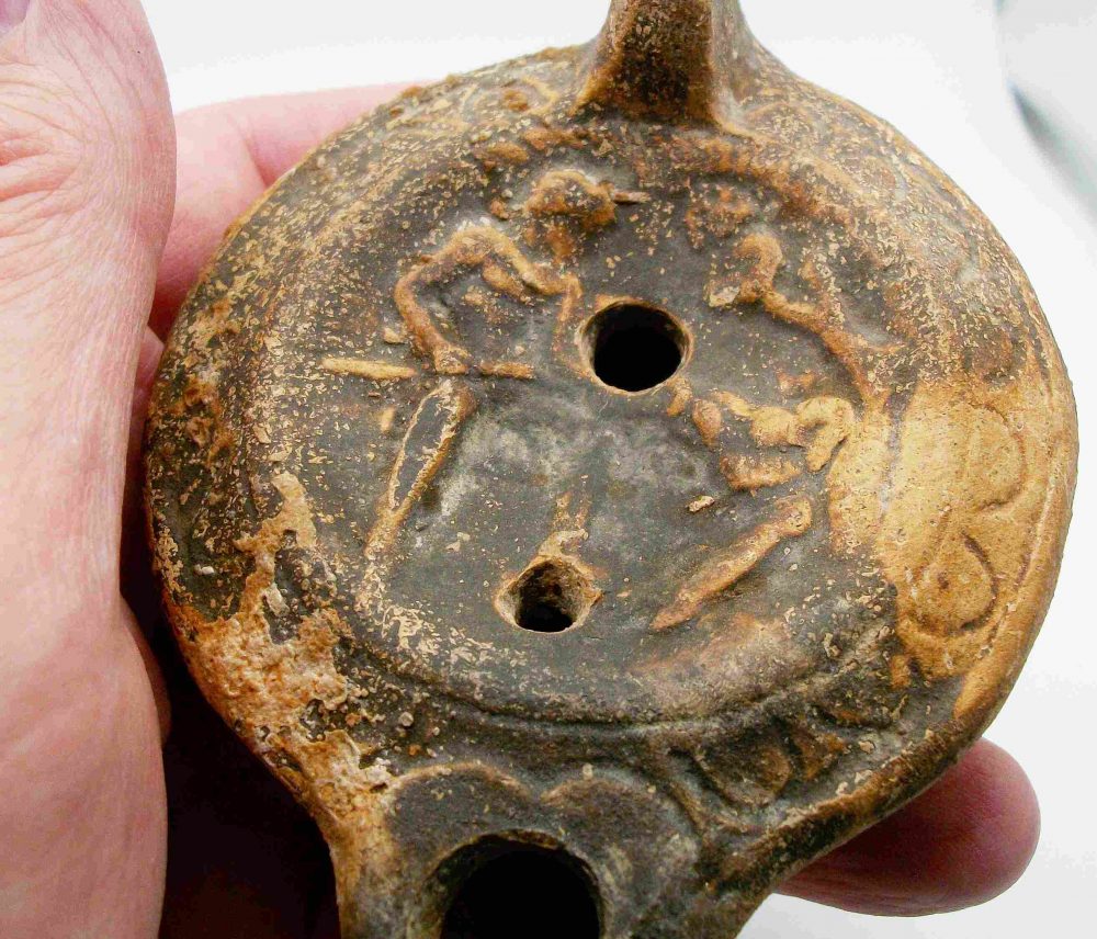 Roman Oil Lamp with Gladiator Scene - Antiquities by Objects Eclectic