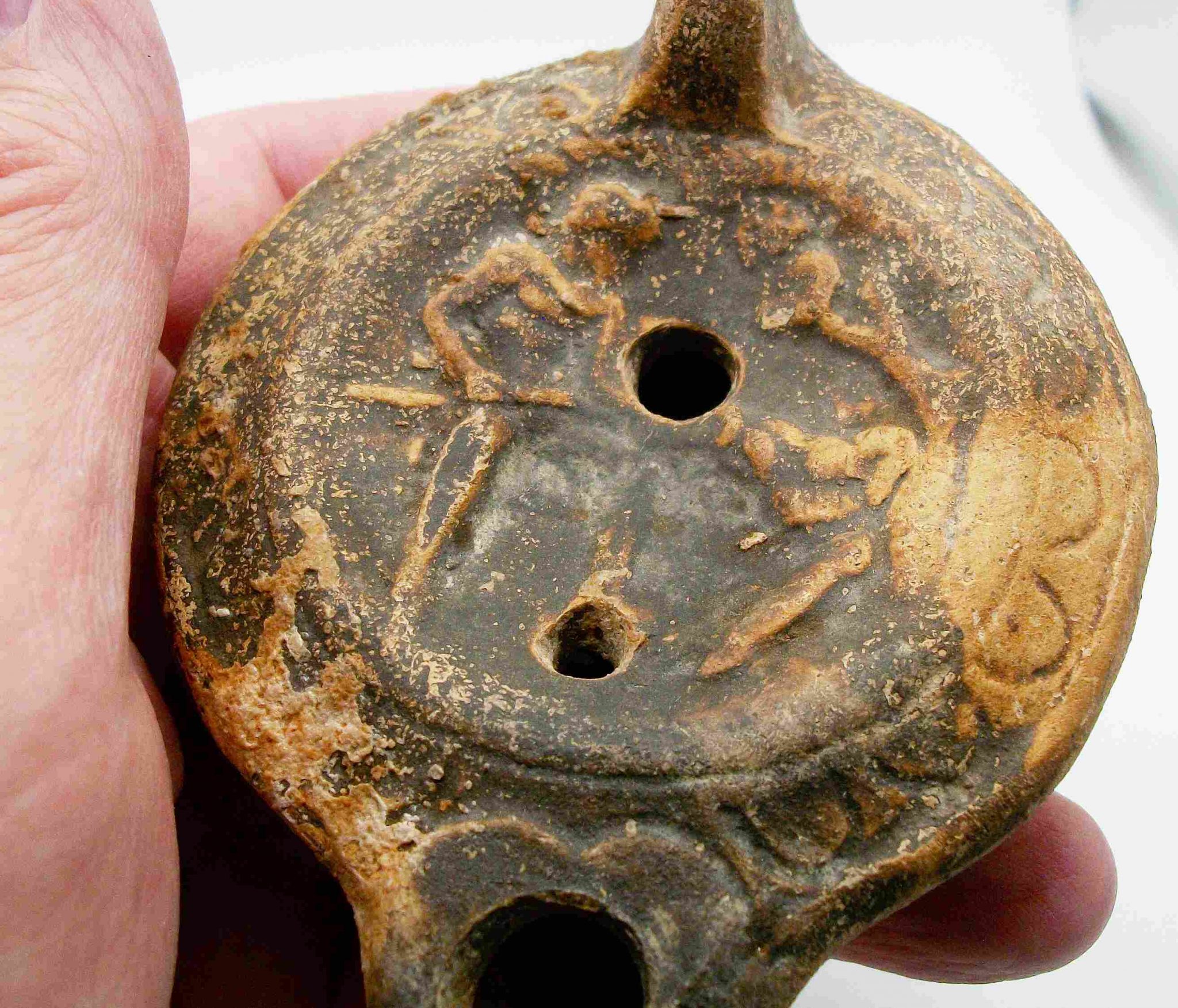 Roman Oil Lamp with Gladiator Scene - Antiquities by Objects Eclectic
